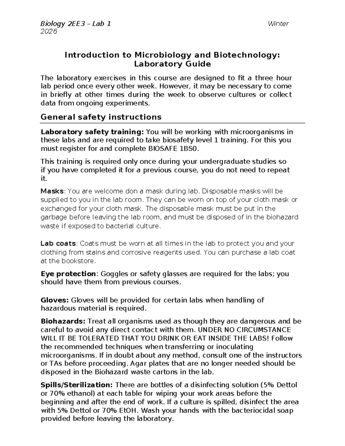 W26 Bio 2EE3 Lab 1 Manual: Intro to Microbiology & Techniques - Studocu