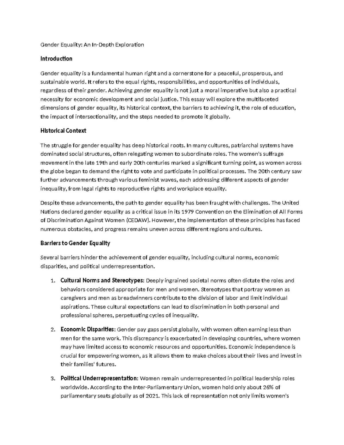 GENF 101 - Gender Equality - An In-Depth Essay Analysis - Studocu
