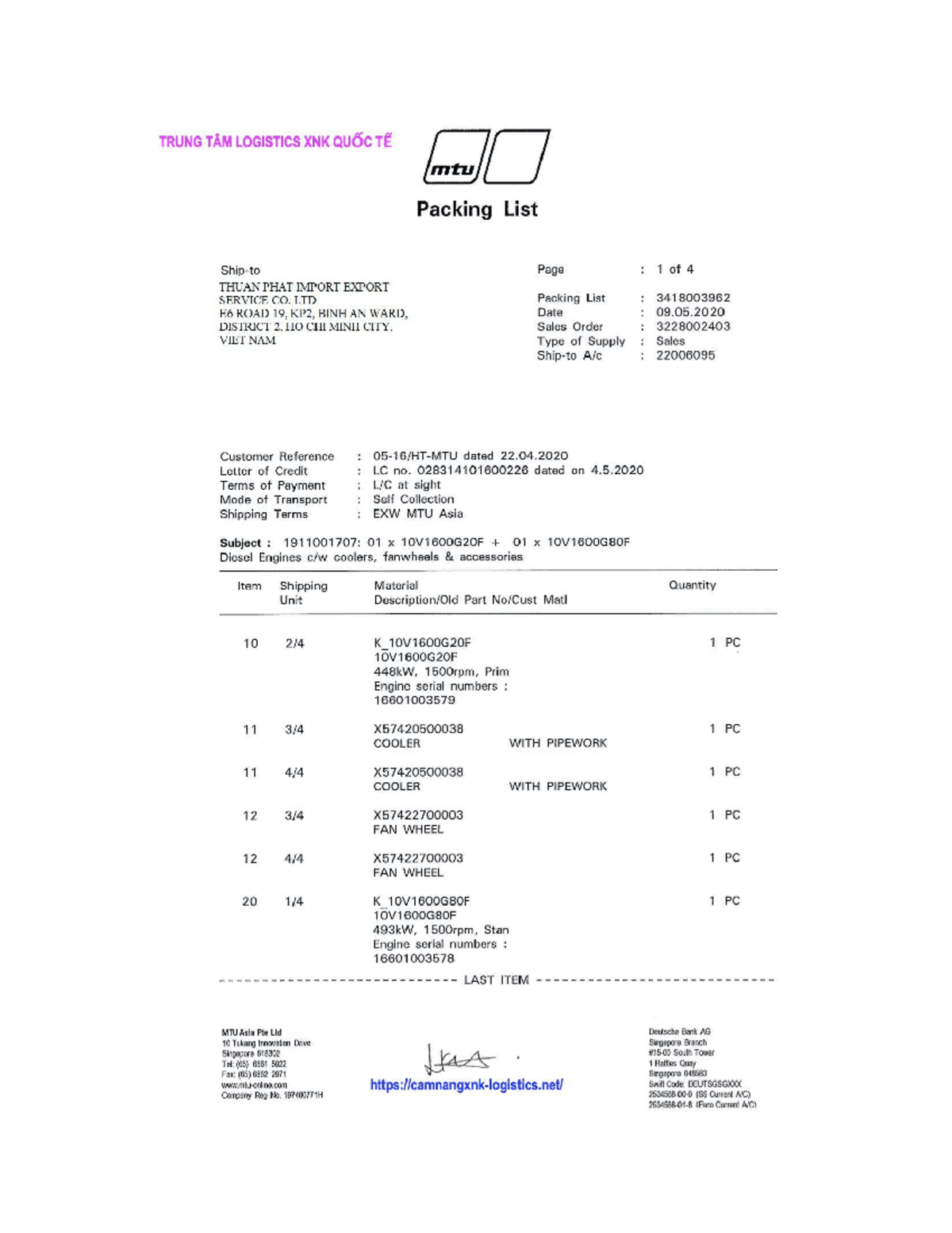 Packing List for KDXNK - MTU Diesel Engines and Accessories - Studocu