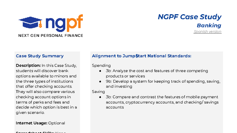 NGPF Case Study: Banking Options for Minors - Summary & Analysis - Studocu
