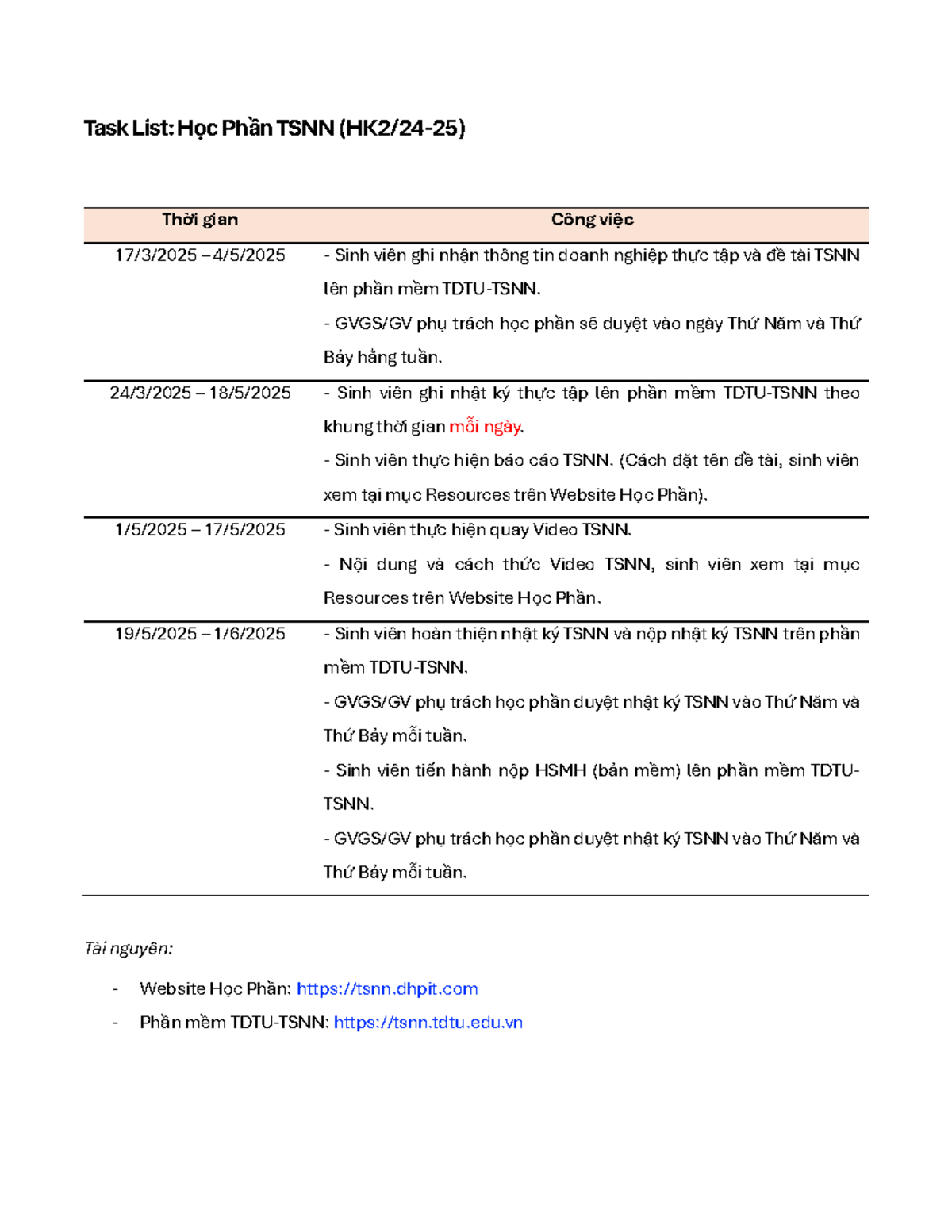 Task List TSNN HK2 24 25 - ghjjj - Task List: Học Phần TSNN (HK2/24-25 ...