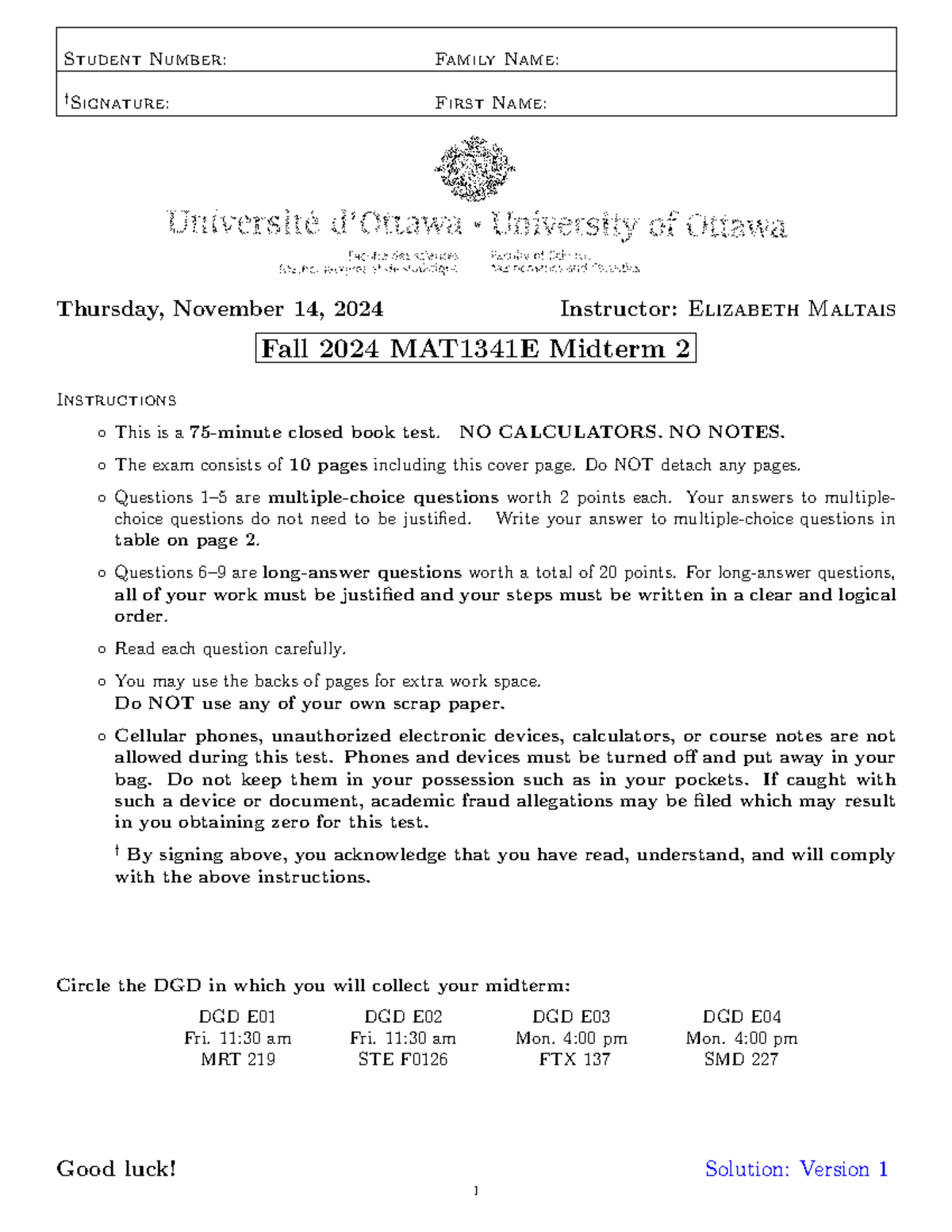 MAT1341E Midterm 2 Solutions - Fall 2024 Version 1 - Studocu