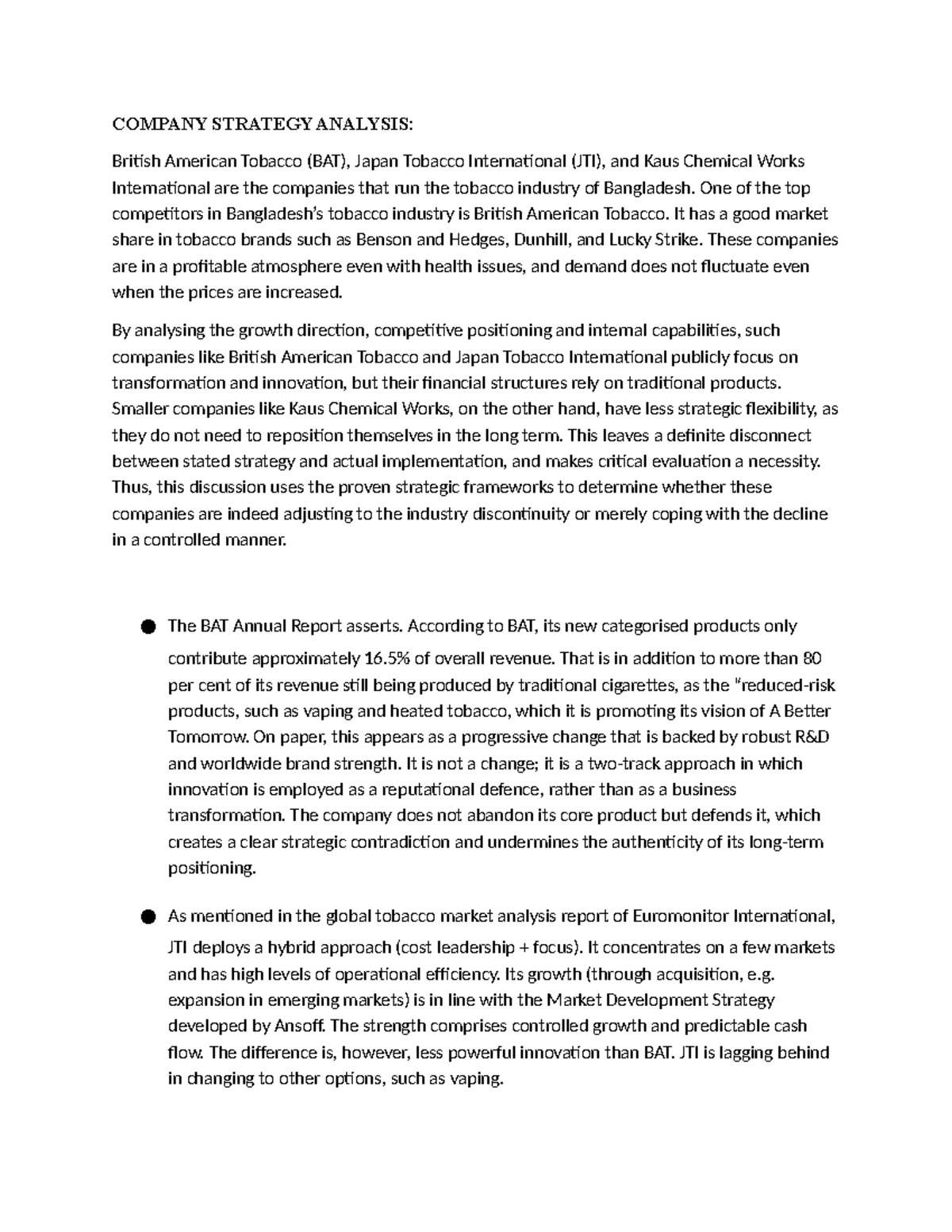 COMPANY STRATEGY ANALYSIS: BAT, JTI, and Kaus Chemical Works - Studocu