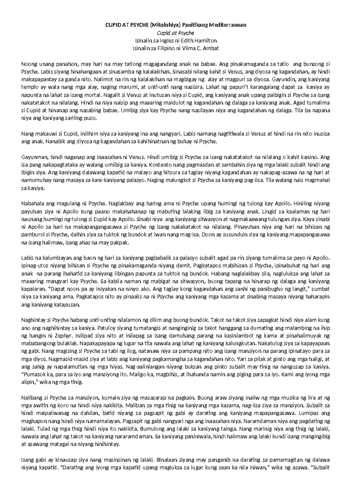 Kuwento ni Cupid at Psyche: Isang Aral mula sa Mitolohiya - Studocu
