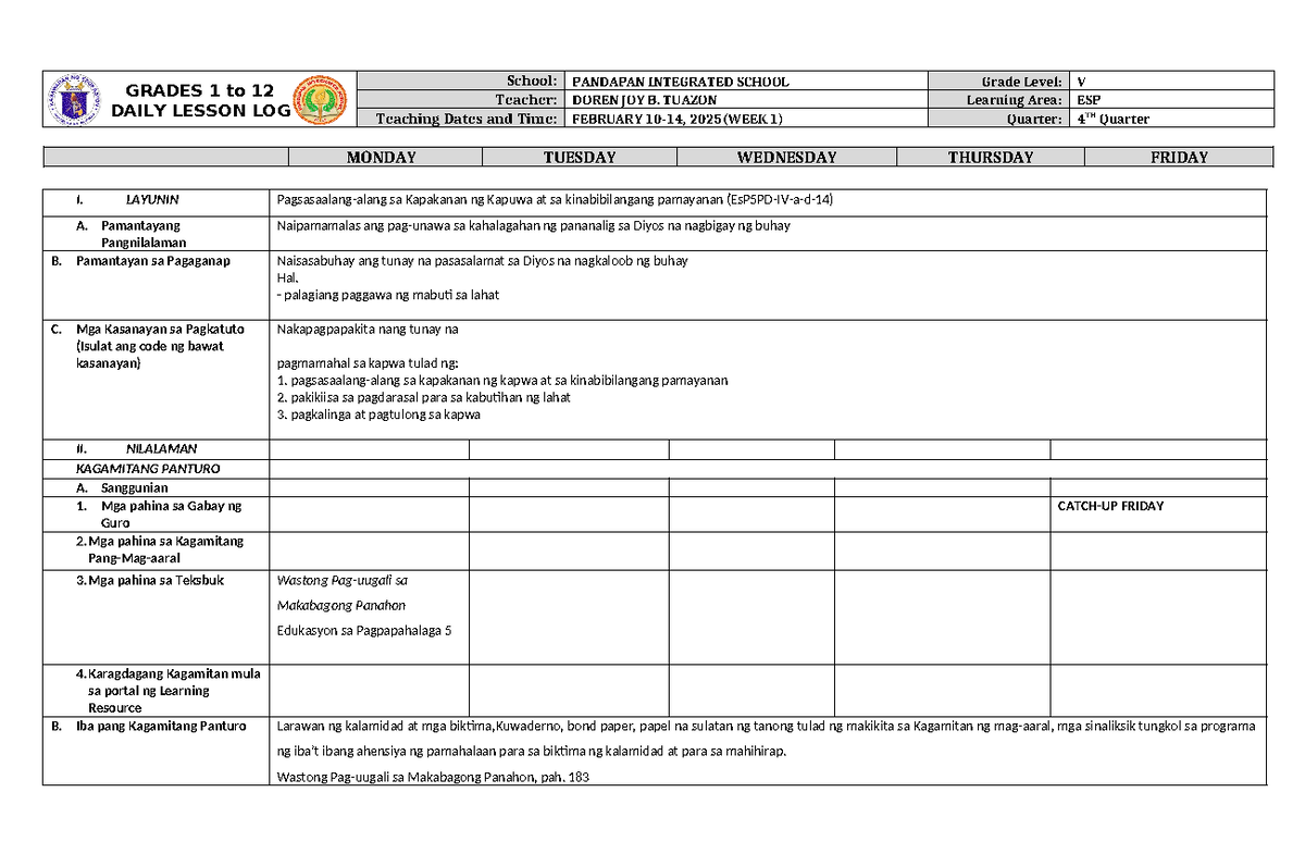 Grade 5 DLL: ESP 5 Q4 Week 1 Lesson Plan Overview - Studocu