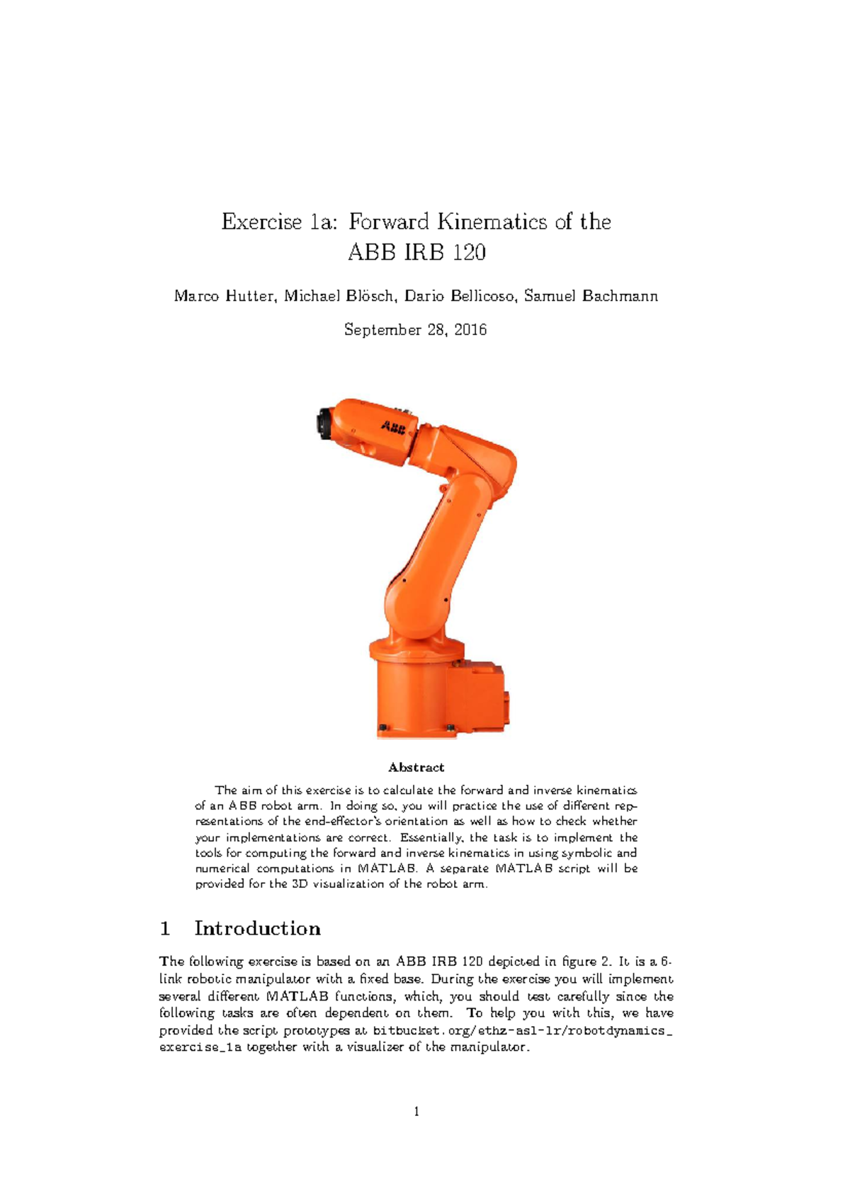 Exercise 1a: Forward Kinematics of ABB IRB 120 in MATLAB - Studocu