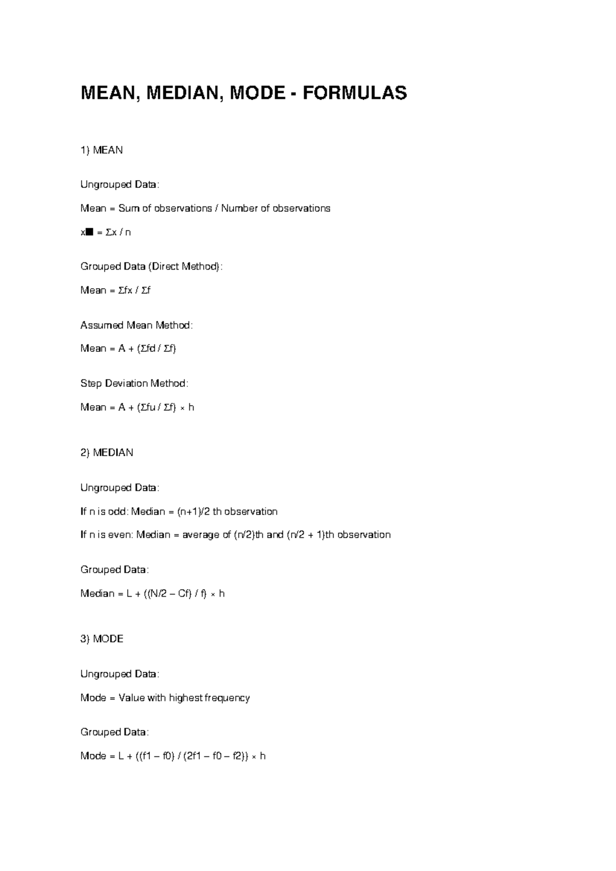 Mean Median Mode Formulas - MEAN, MEDIAN, MODE - FORMULAS 1) MEAN ...
