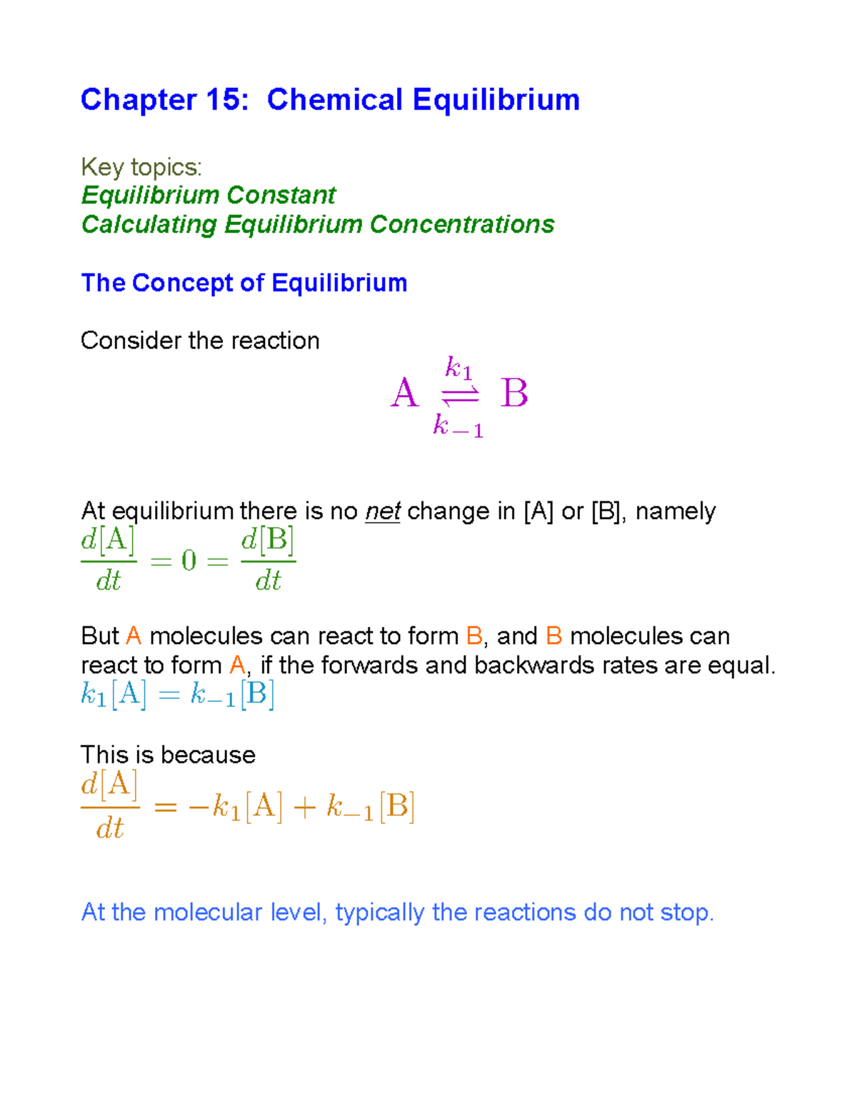 Chapter 15a - Lecture notes - Chapter 15: Chemical Equilibrium Key ...