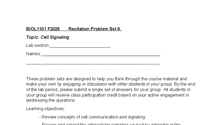 BIOL1101 F2025 Recitation Problem Set 9: Cell Signaling Lab - Studocu
