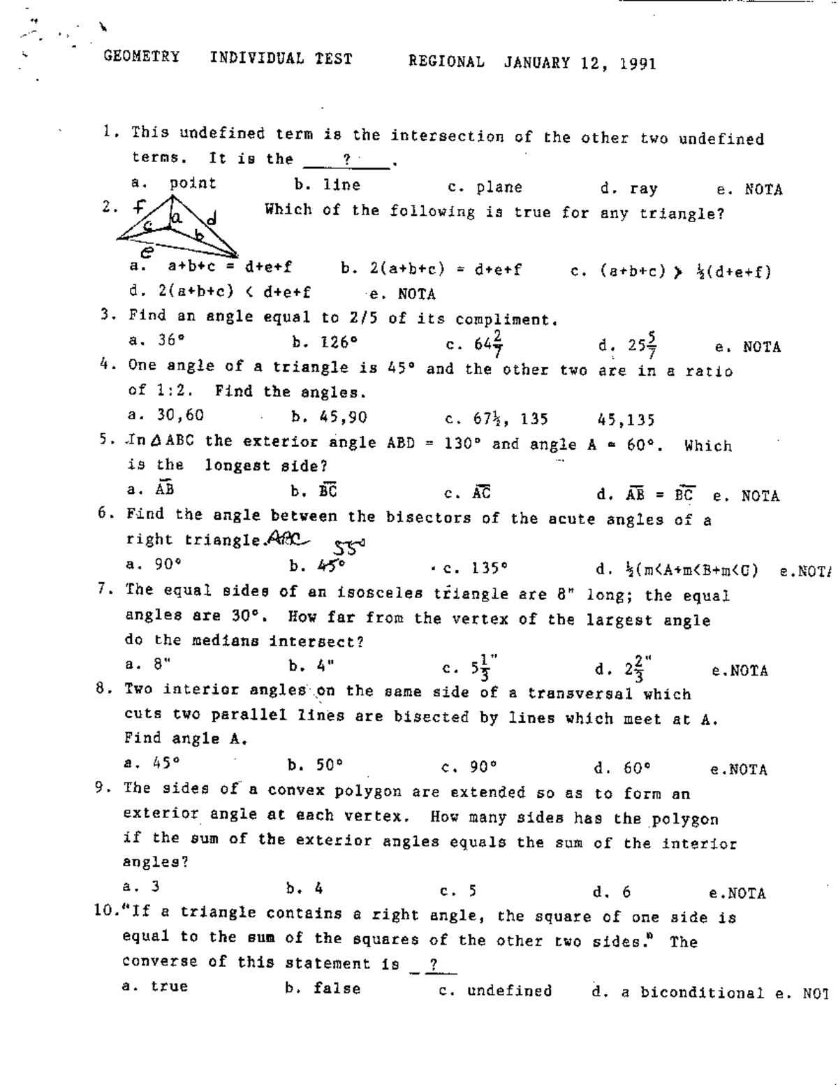 Geometry Individual Test (GEOMETRY 2727) - January 12, 1991 - Studocu
