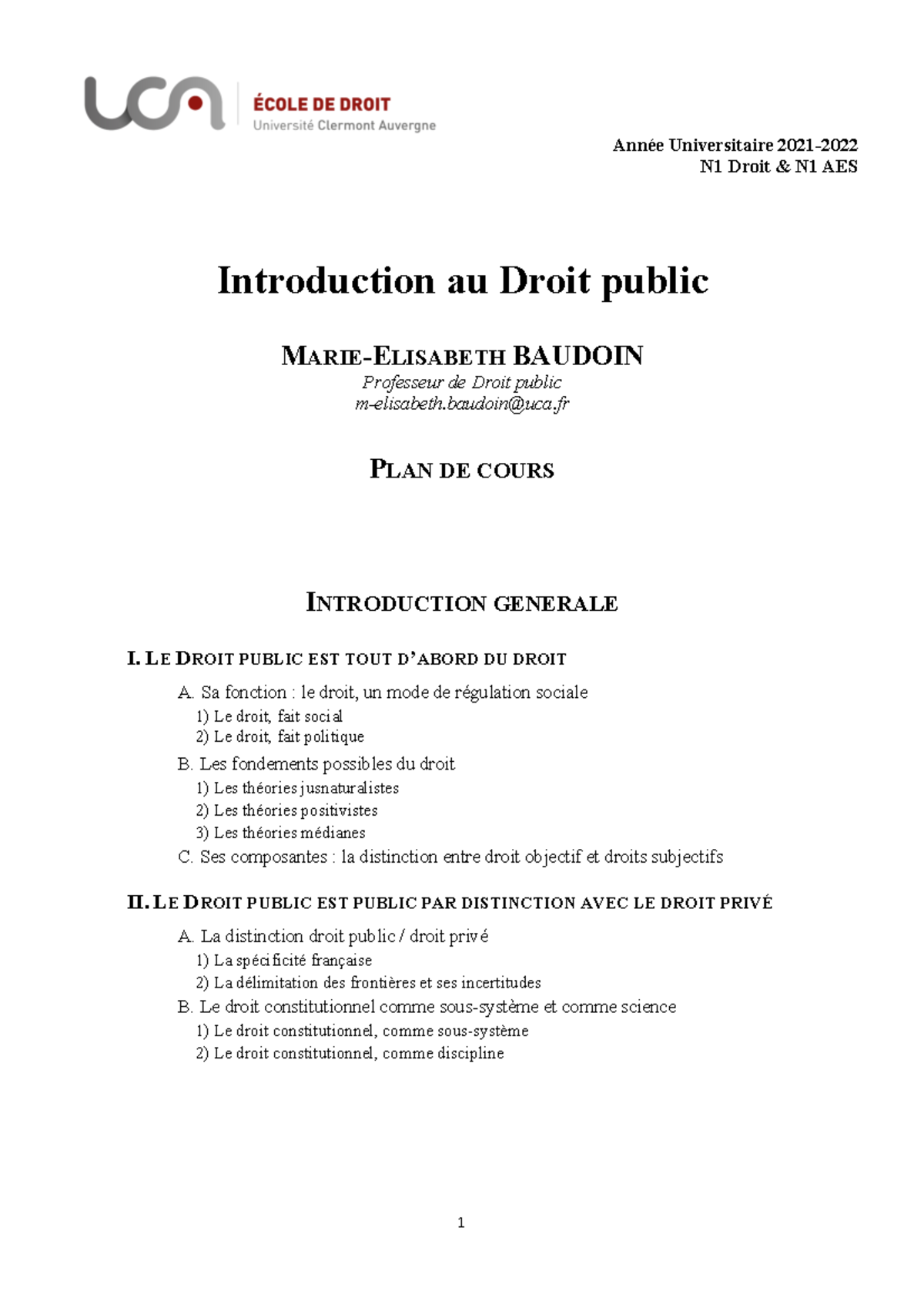 Plan de cours - Année Universitaire 2021- N1 Droit & N1 AES Introduction au Droit public - Studocu