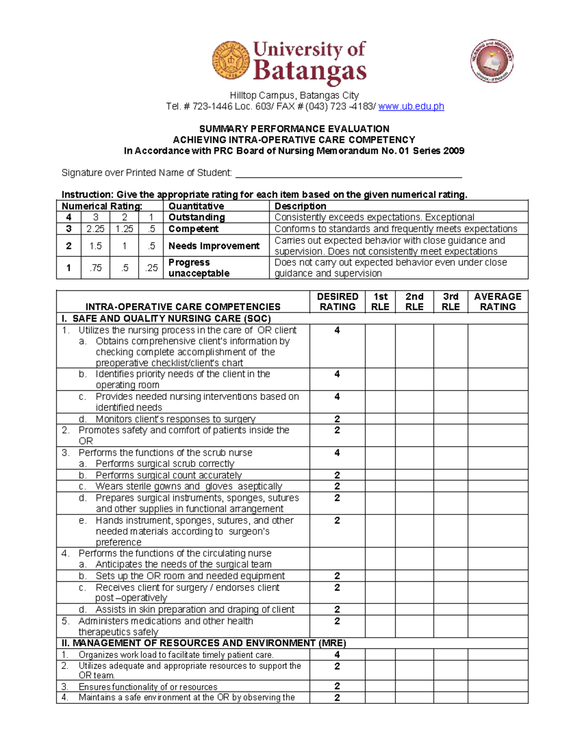 Intra-Operative Competency Evaluation for Nursing Care (PRC 2009) - Studocu