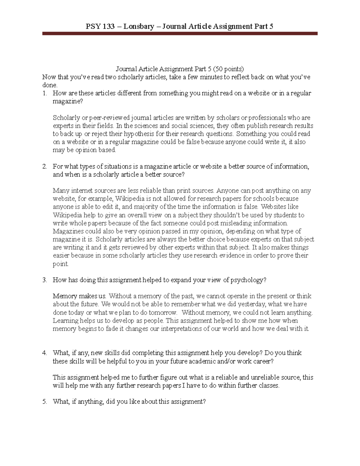 Psy 133-3 - Journal Article Assignment Reflection and Insights - Studocu