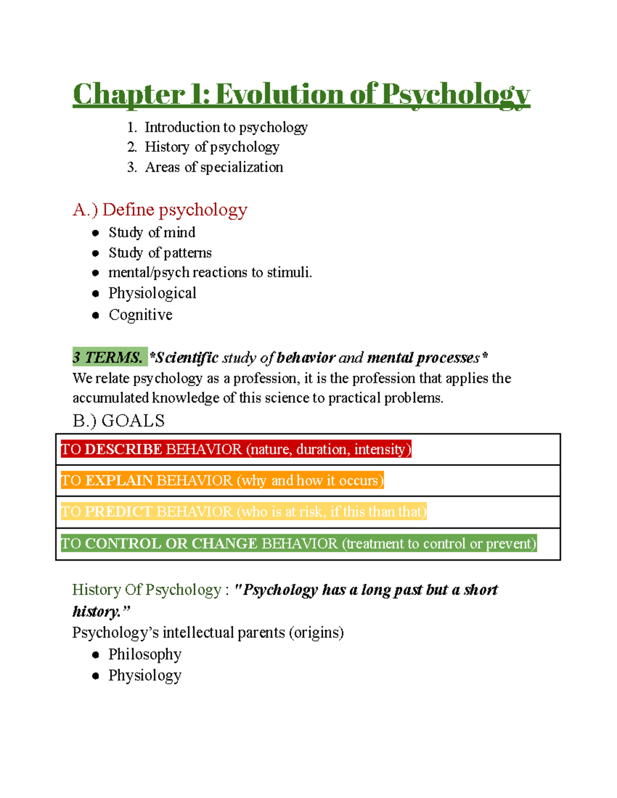 Evolution of Psychology: Key Concepts & Specializations (PSY 101) - Studocu