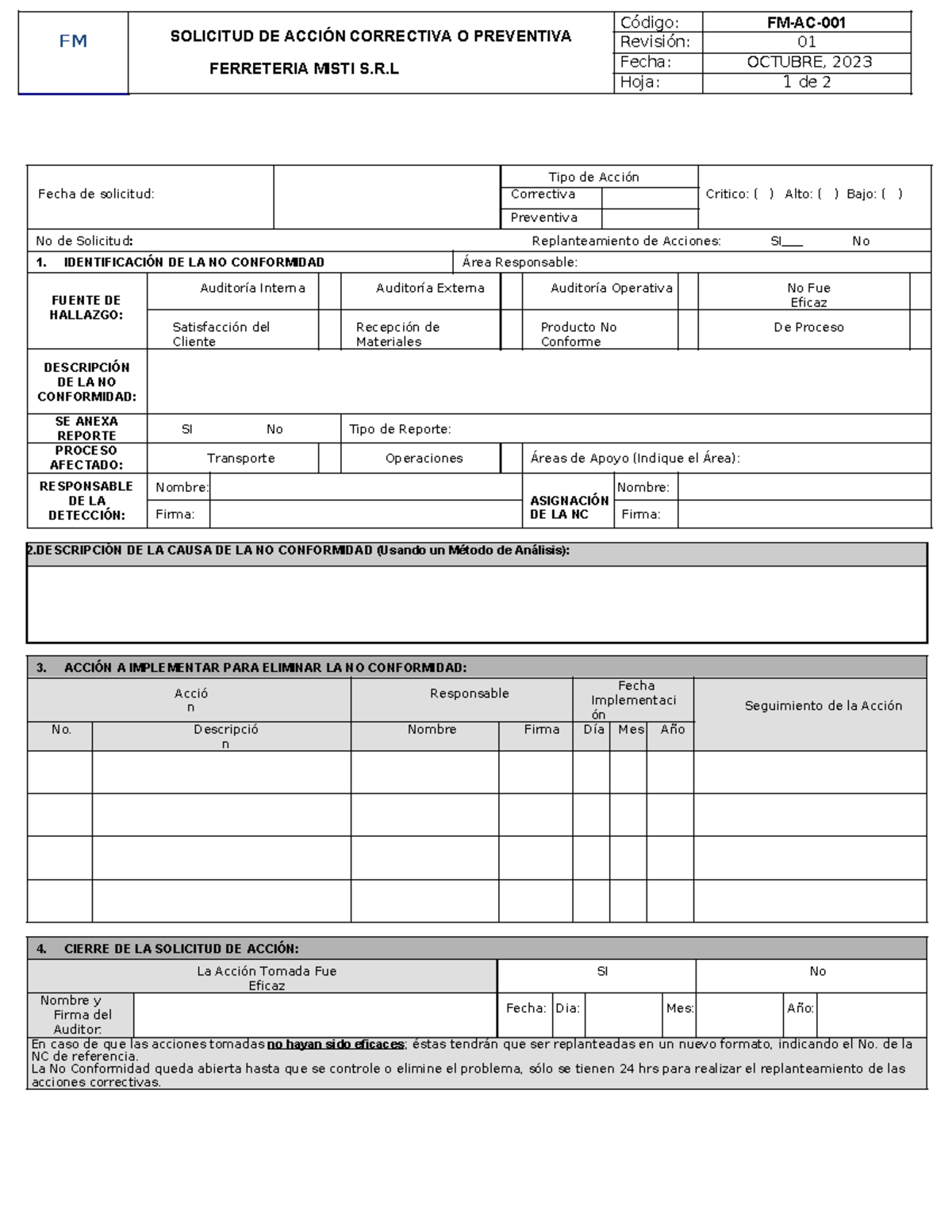 FM Código: Solicitud de Acción Correctiva - Ferretería Misti S.R.L ...