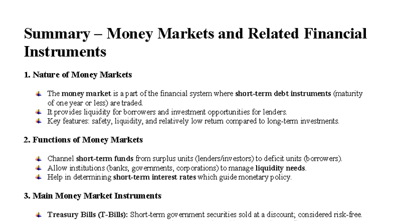 Money Markets Overview: Key Features & Instruments - Studocu