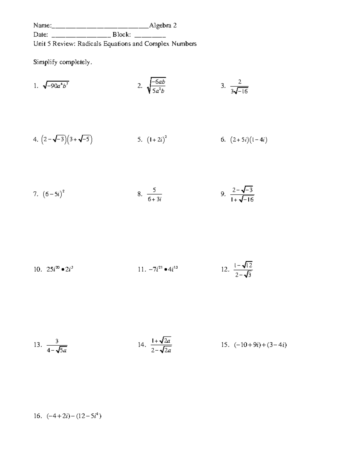 Algebra 2 Unit 5 Review: Radical Equations & Complex Numbers - Studocu