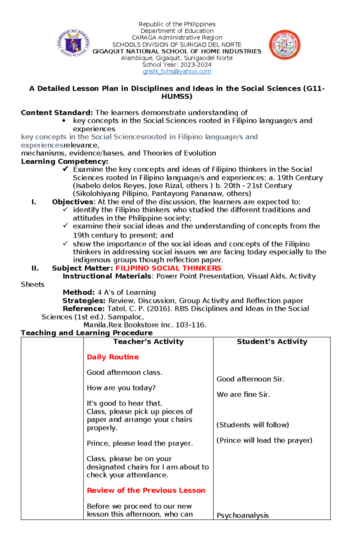 Detailed Lesson Plan on Filipino Social Thinkers (G11-HUMSS) - Studocu