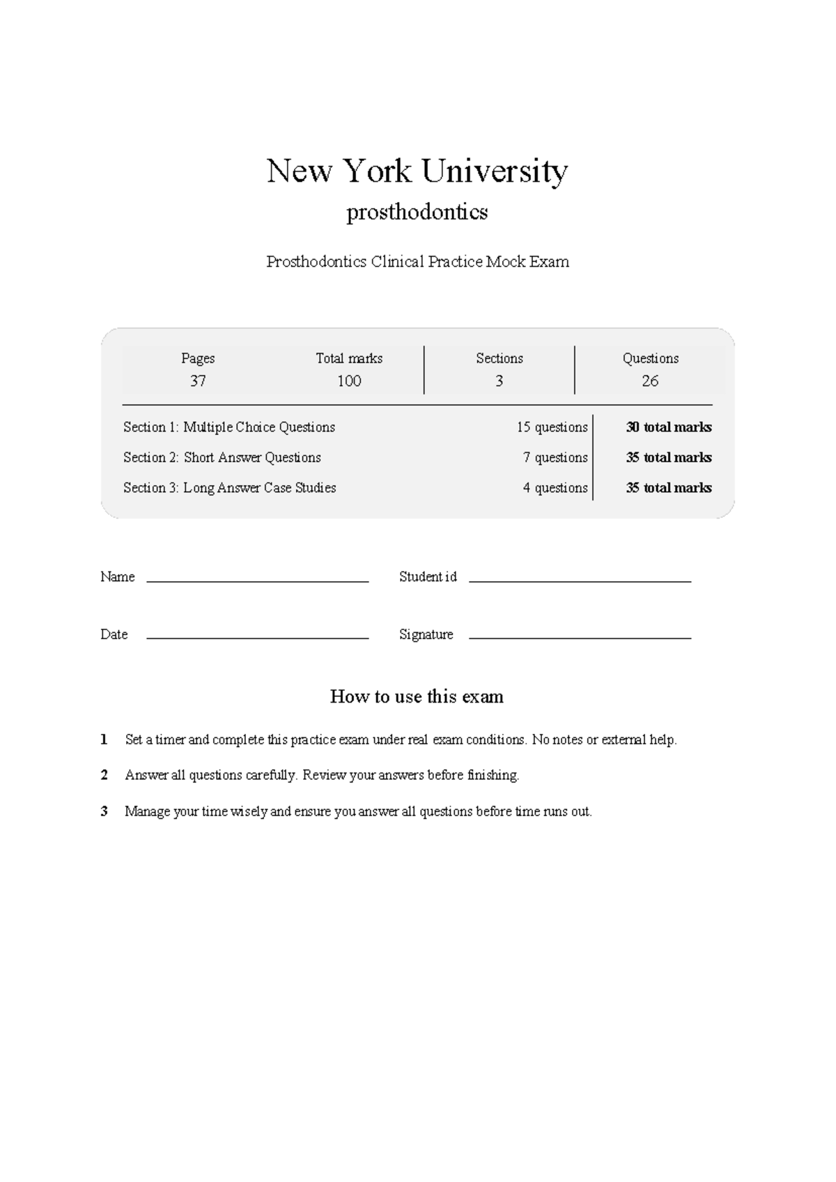 NYU Prosthodontics Clinical Practice Mock Exam - 100 Marks - Studocu