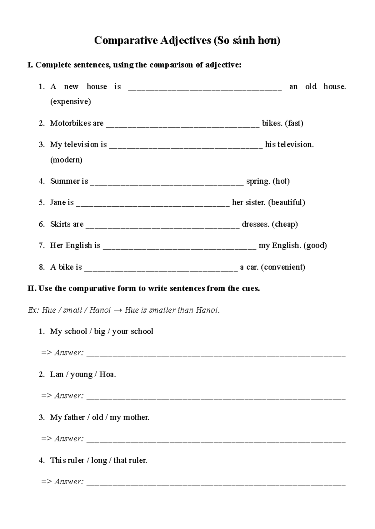 Comparative Adjectives (So sánh hơn) - Practice Exercises - Studocu