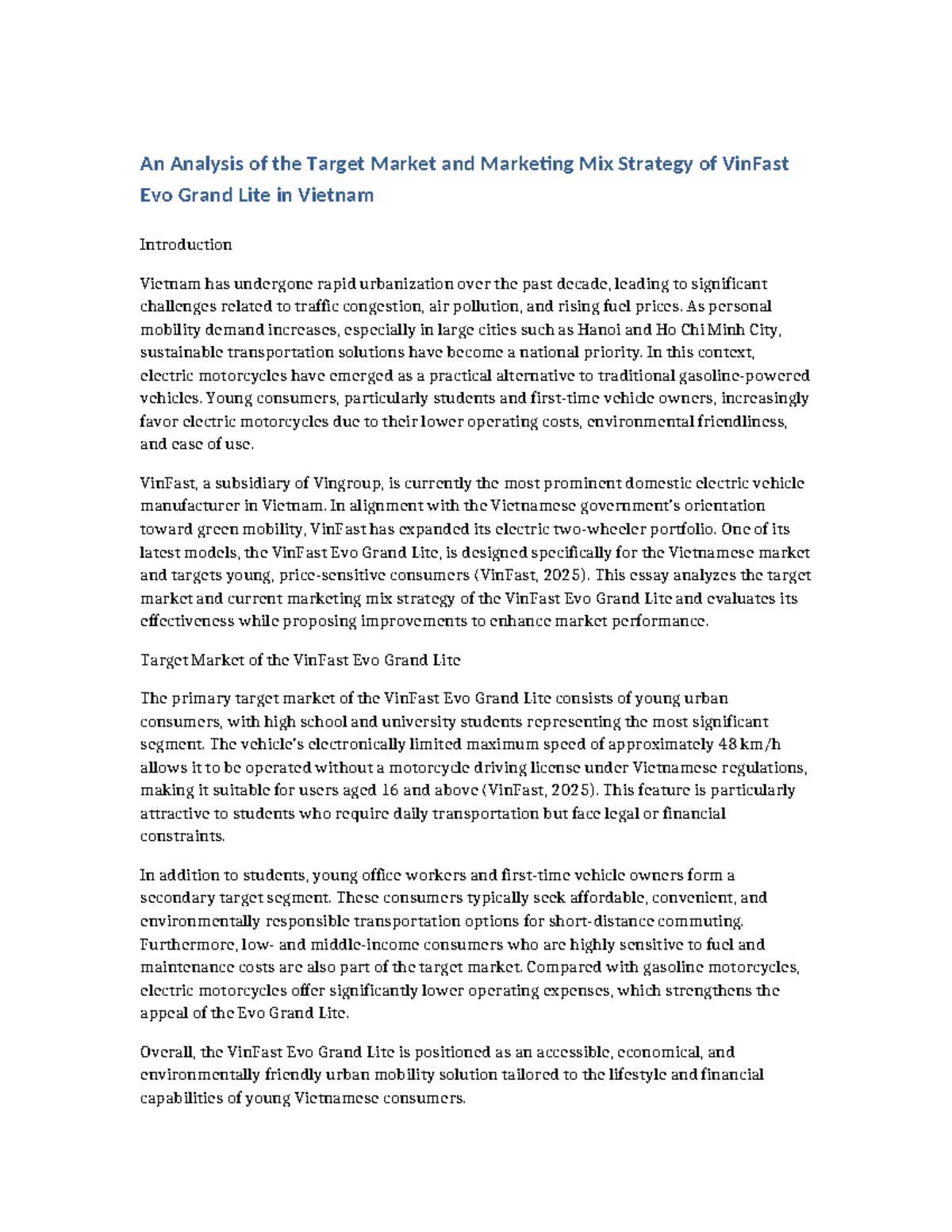 VinFast Evo Grand Lite: Target Market & Marketing Mix Analysis (APA ...