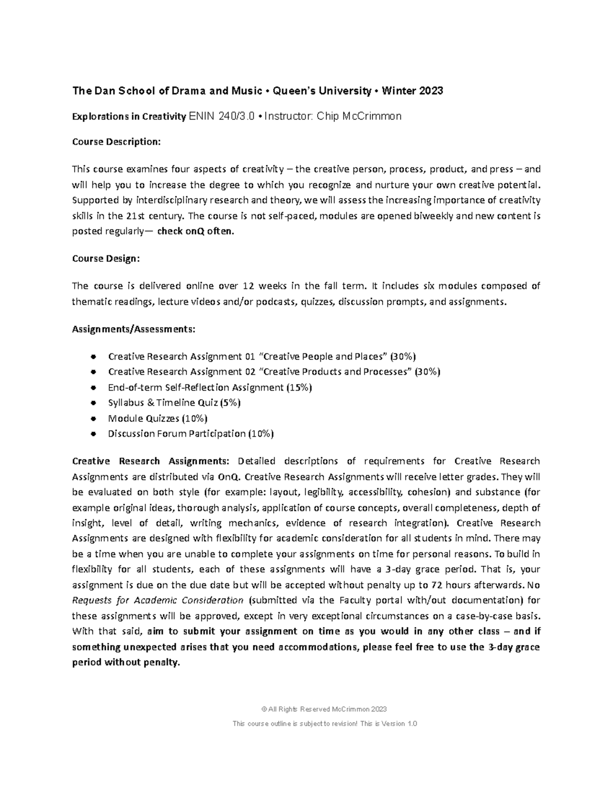 ENIN 240 Course Outline - Explorations in Creativity (Winter '23) - Studocu