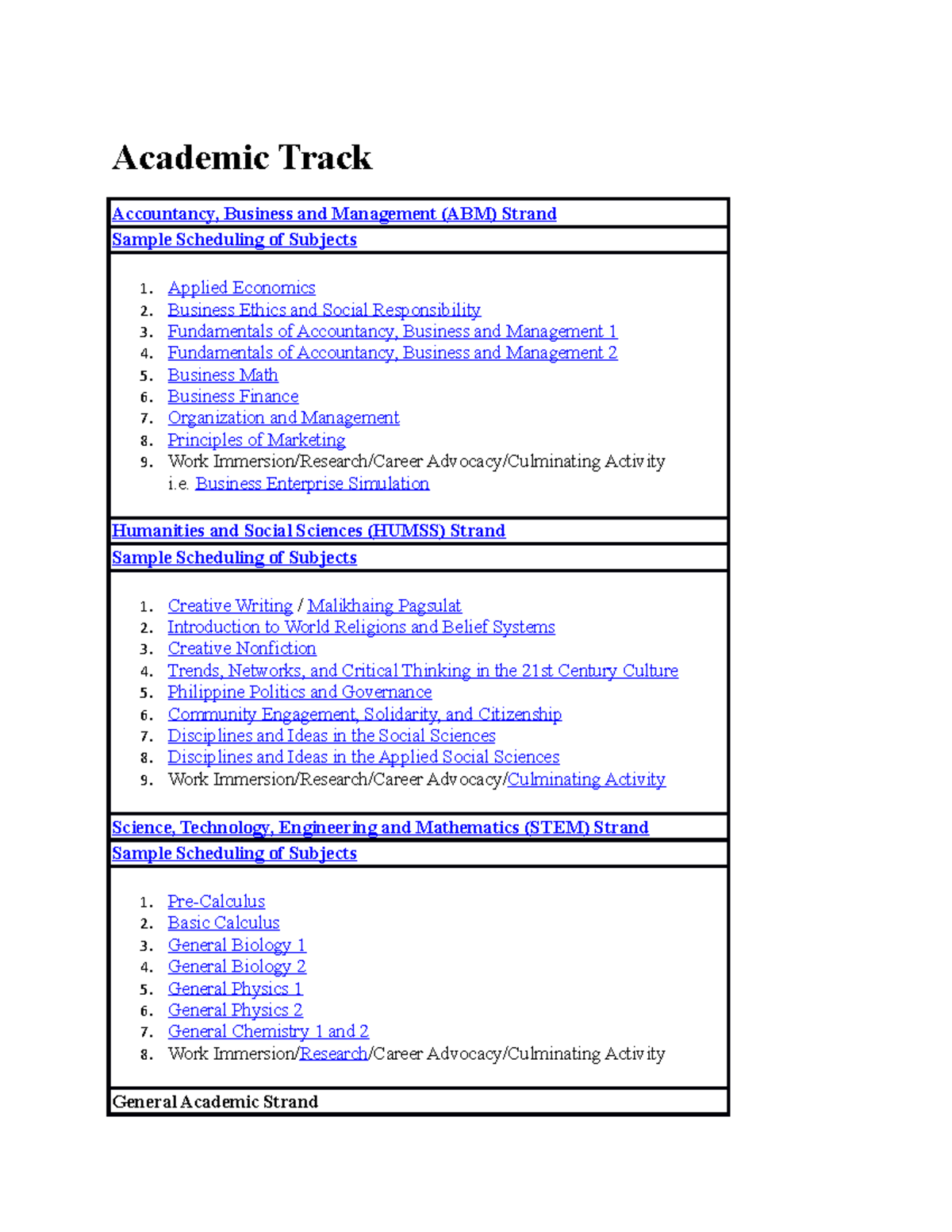 ABM, HUMSS, STEM, & General Track: Sample Subject Scheduling Guide ...
