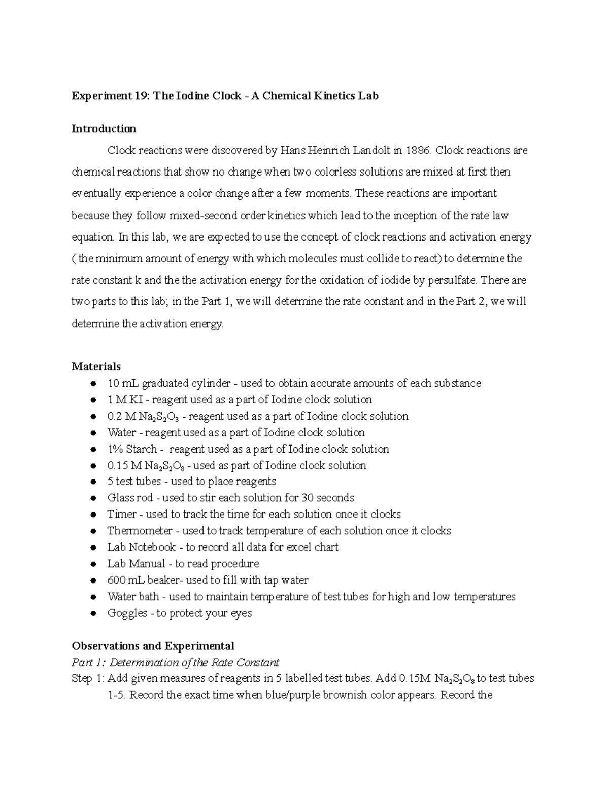 Lab 19 - Iodine Clock Experiment Report on Kinetics Analysis - Studocu