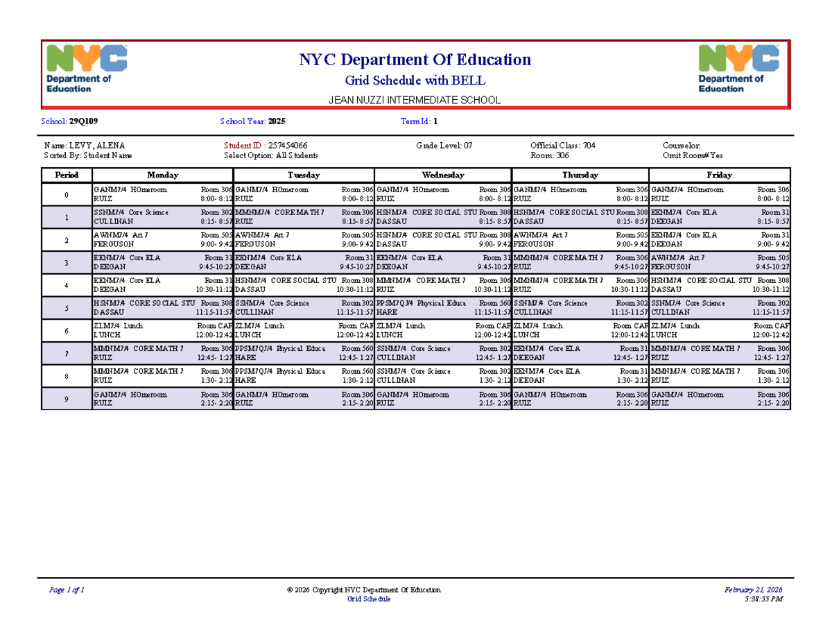 NYC DOE Grid Schedule for 29Q109 - Alena Levy (Grade 7) - Studocu