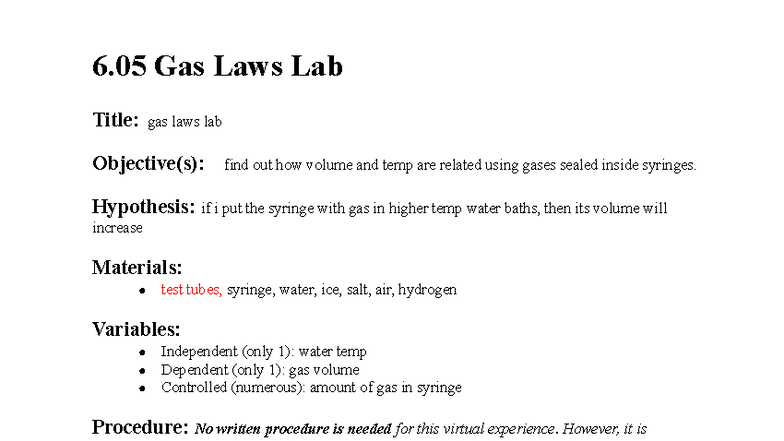 6.05 Gas Laws Lab: Exploring Volume-Temperature Relationship - Studocu