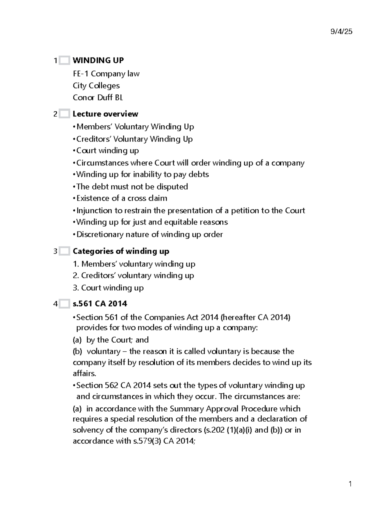 Winding Up Overview: Company Law (BL2) Lecture Notes - Studocu