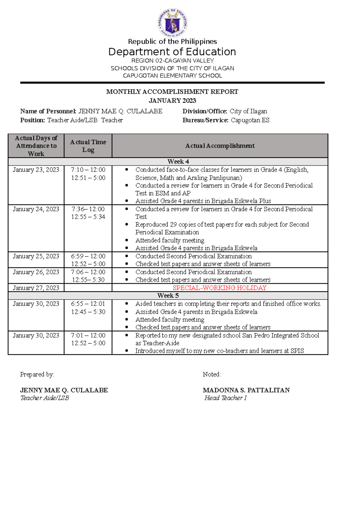 January Accomplishment Report 2023 Republic Of The Philippines