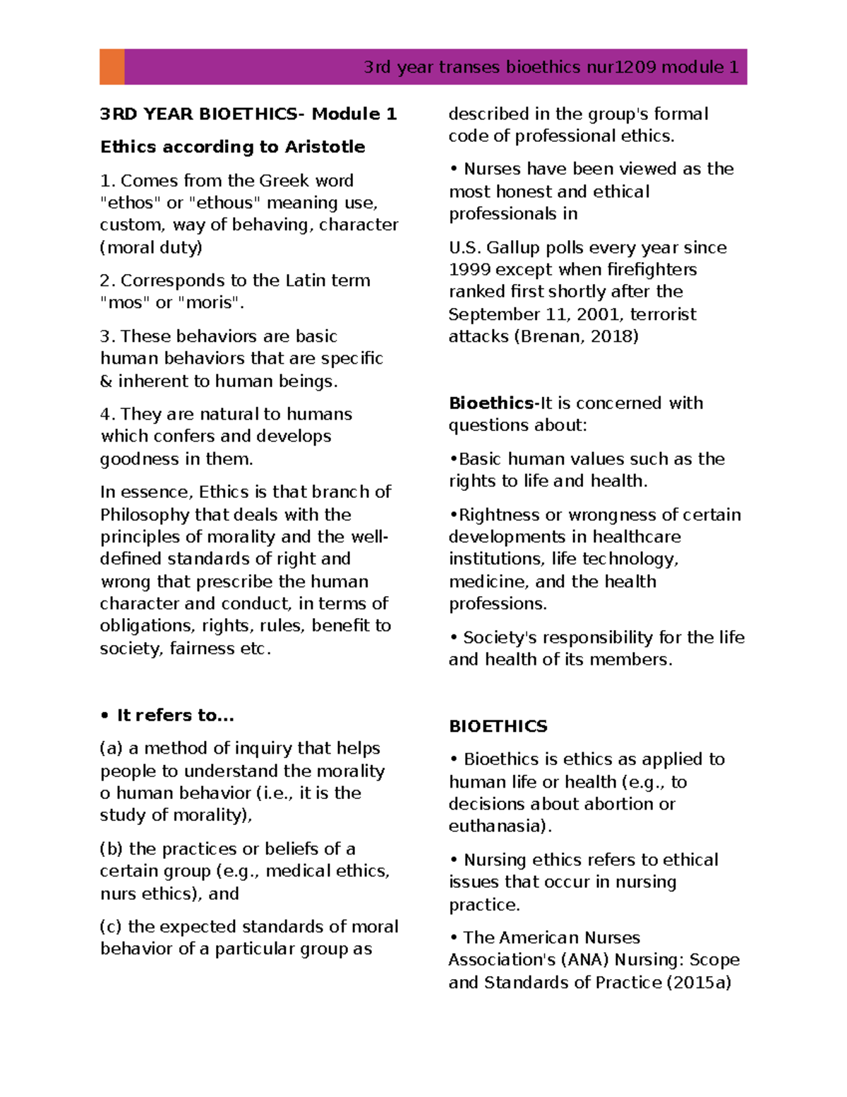 NUR1209 Module 1: Ethics and Bioethics in Nursing Practice - Studocu