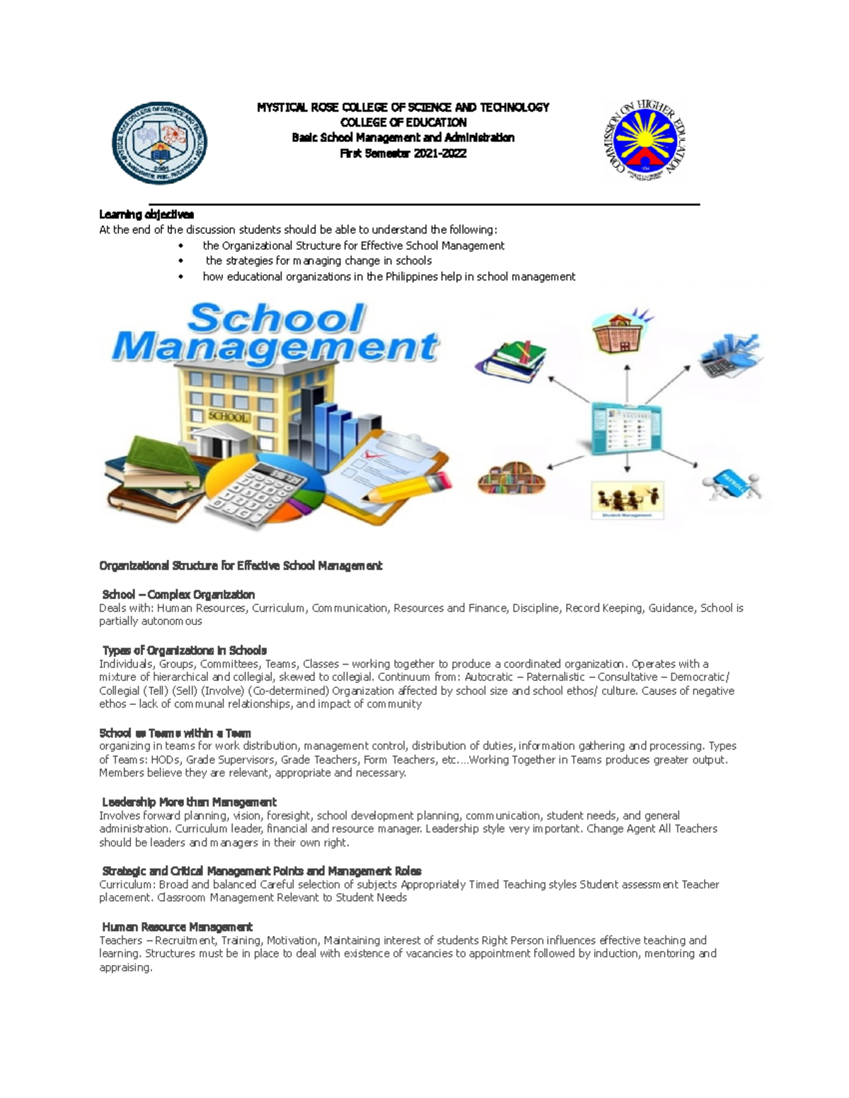 Module 4: Basic School Management & Administration Overview - Studocu