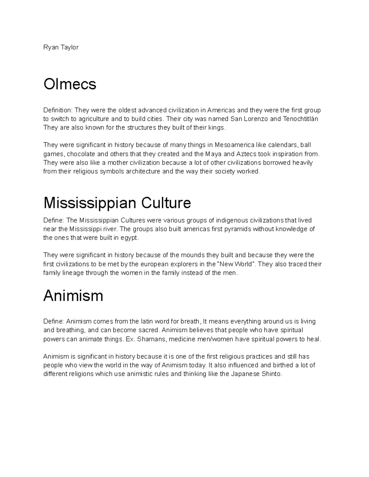 Key Terms Review: Olmecs, Mississippian Culture, & Animism - Studocu