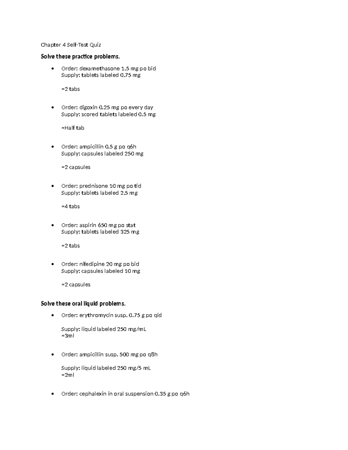 Med Math Worksheet CH. 4: Oral Medications Calculation Quiz - Studocu