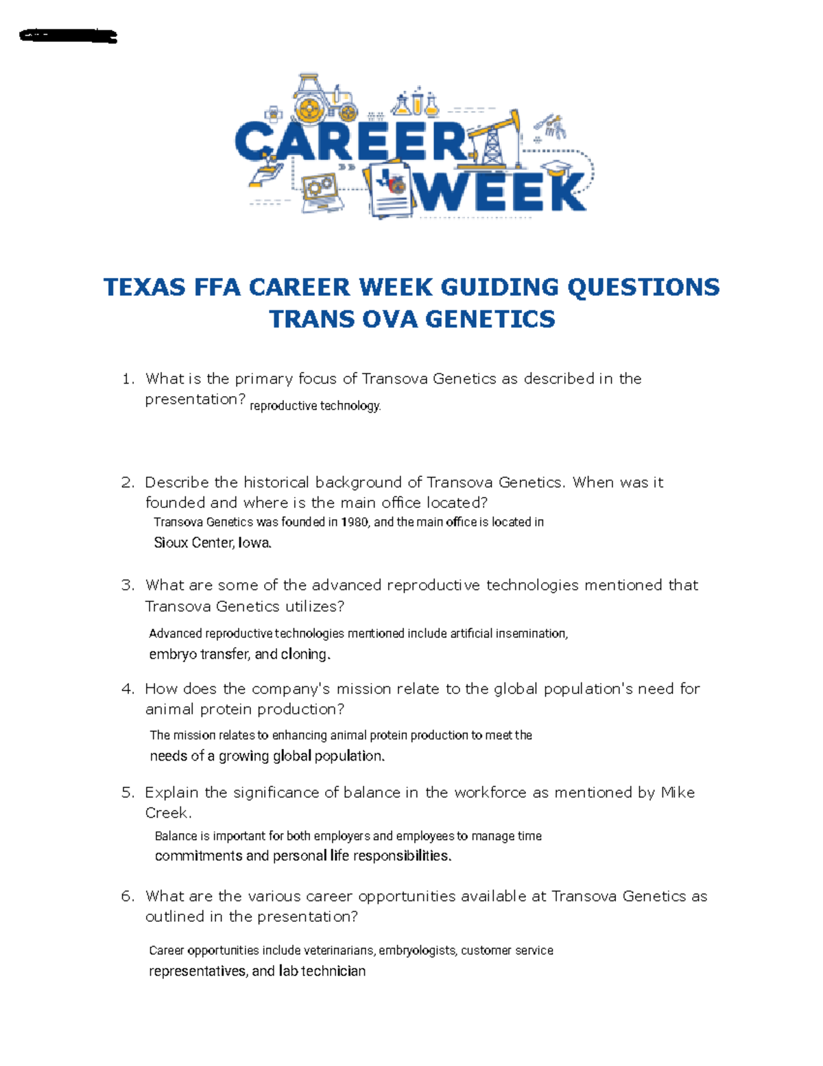Trans Ova Genetics Video Supplement Worksheet - Texas FFA Career Week ...