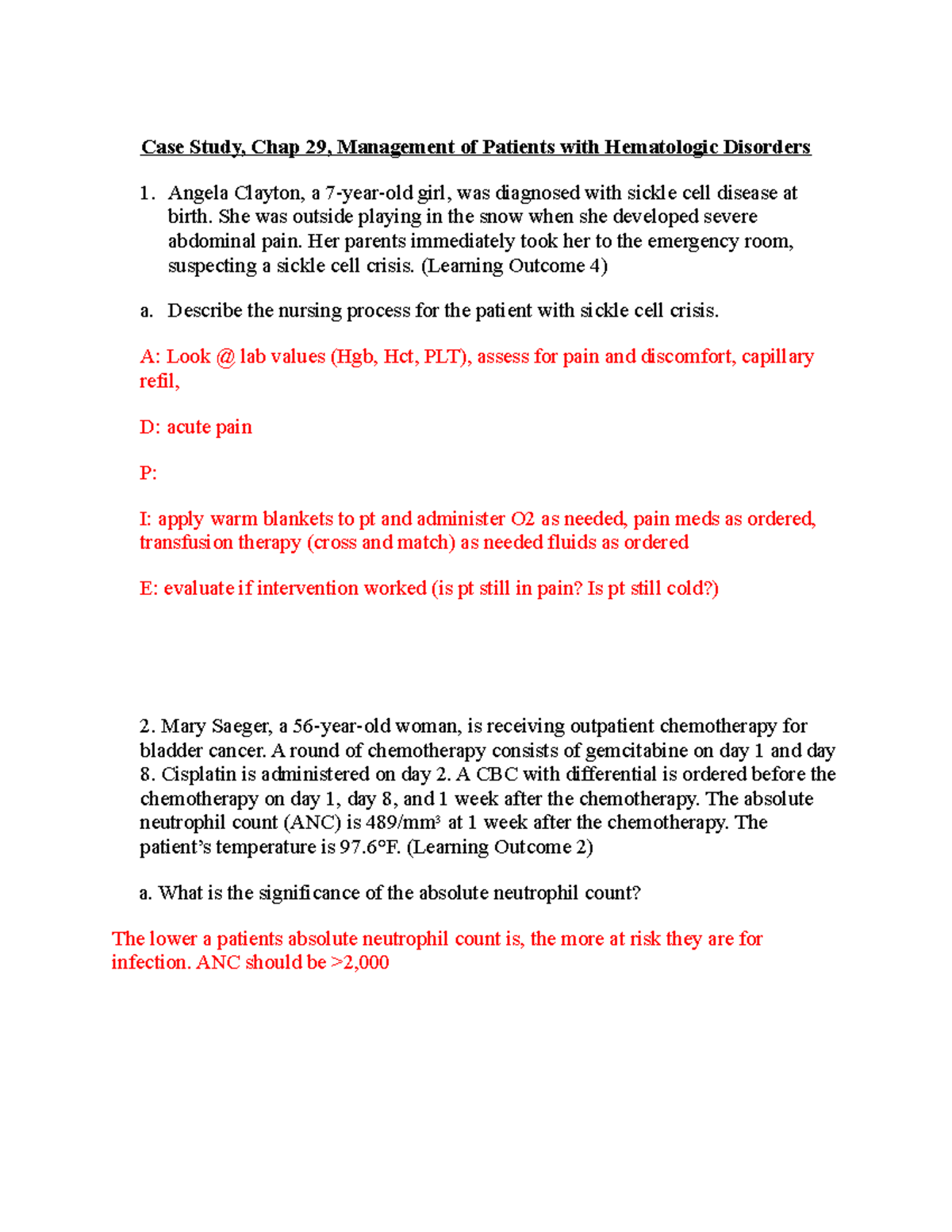 Case Study In Class Activity Hematological Disorders Non Malig NUR 3180 ...