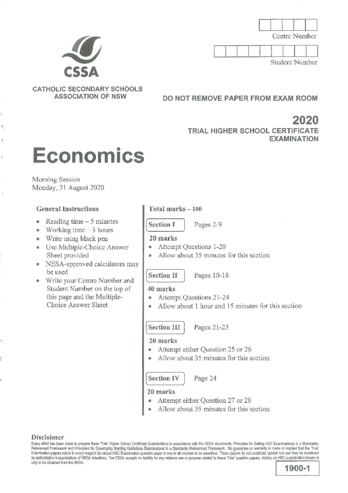 2020 CSSA Economics Trial HSC Examination Paper - Studocu