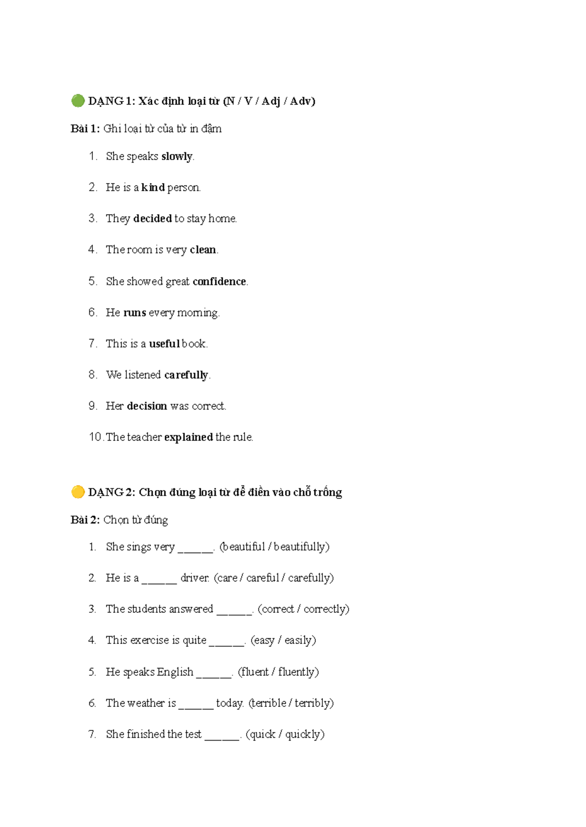 XÁC ĐỊNH LOẠI TỪ (N, V, Adj, Adv) - BÀI TẬP 1 - Studocu