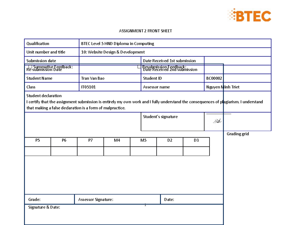 Unit 10. Assignment 2 frontsheet - ASSIGNMENT 2 FRONT SHEET ...