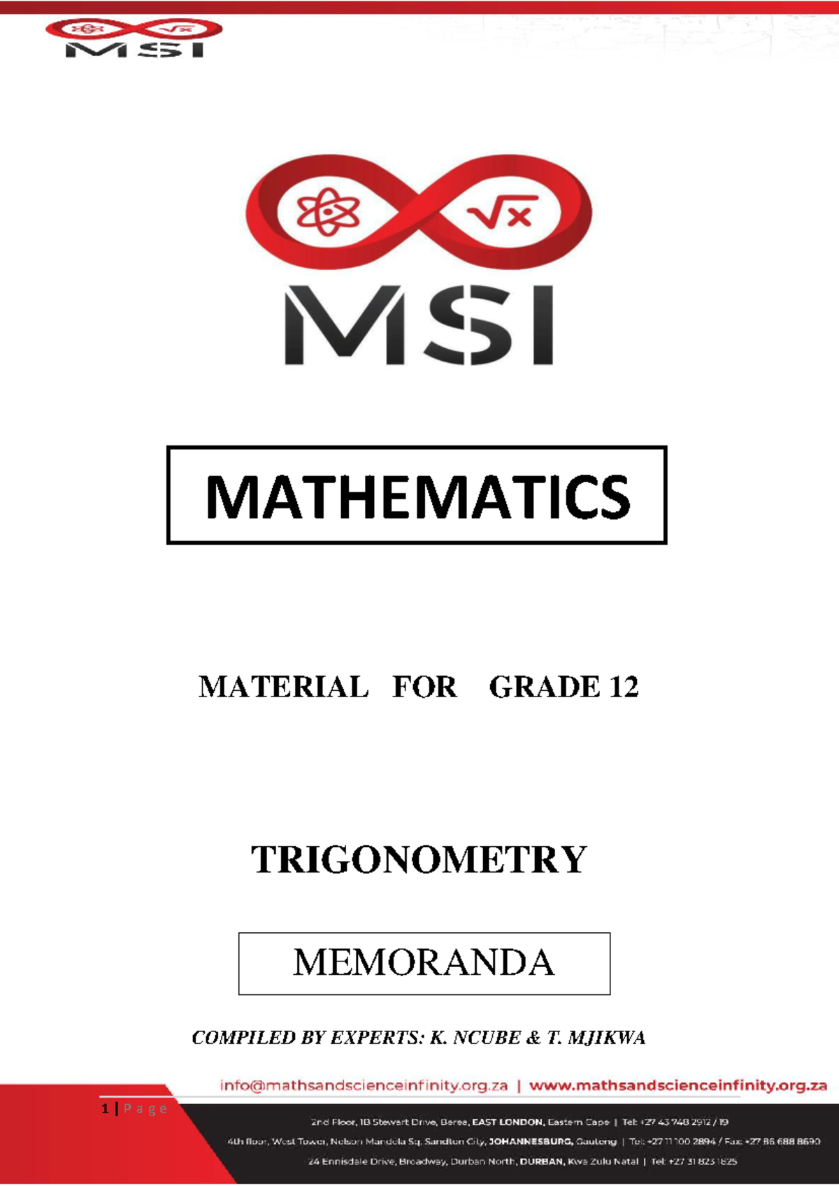 MSI G12 Trigonometry Final Exam Memoranda by K. Ncube & T. Mjikwa - Studocu
