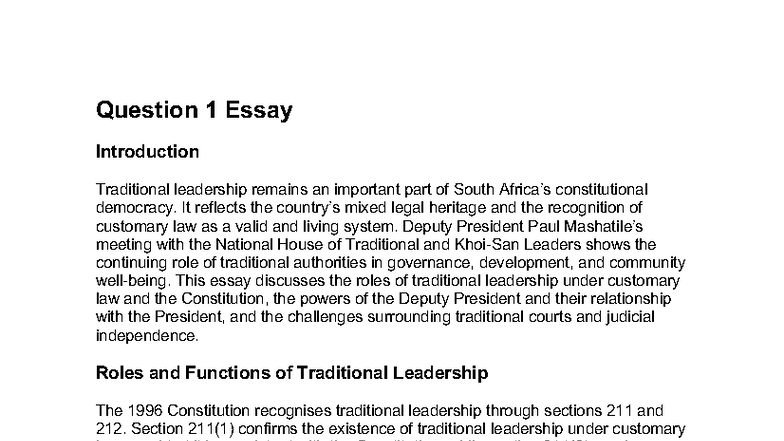 Conlaw 101: Traditional Leadership & Constitutional Rights Essay - Studocu