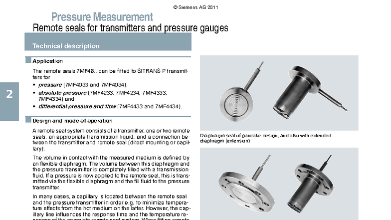 Siemens FI01 2011 Technical Description of Remote Seals for Pressure ...