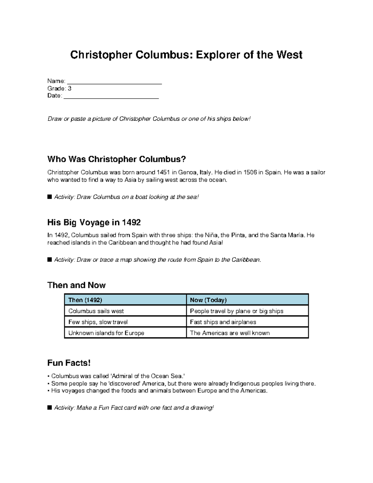 Christopher Columbus Project: Grade 3 Exploration Activities - Studocu