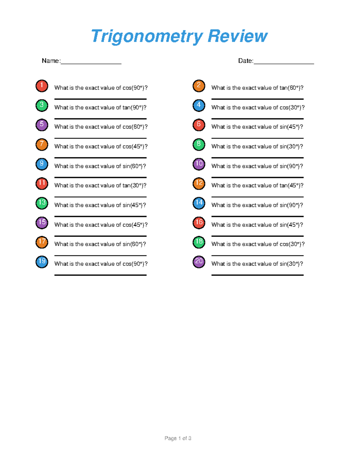 Trigonometry Review 1: Exact Values and Answer Key - Studocu