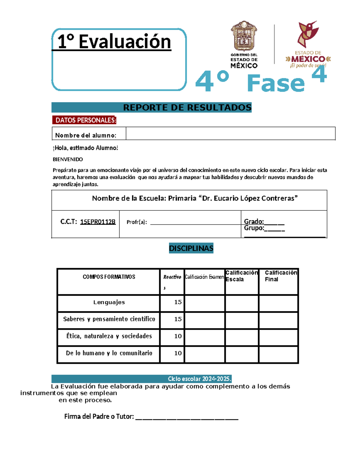 Caratula examen-1 - examen 4 grado - 4° Fase 4 REPORTE DE RESULTADOS ...