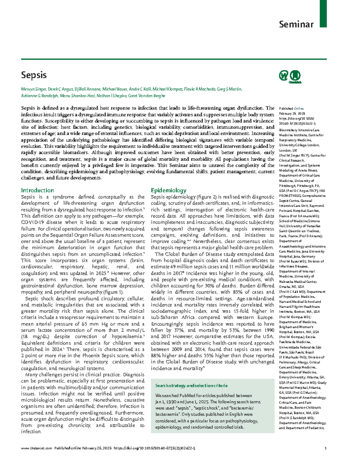 Seminar on Sepsis: Insights from Mervyn Singer et al. (2025) - Studocu