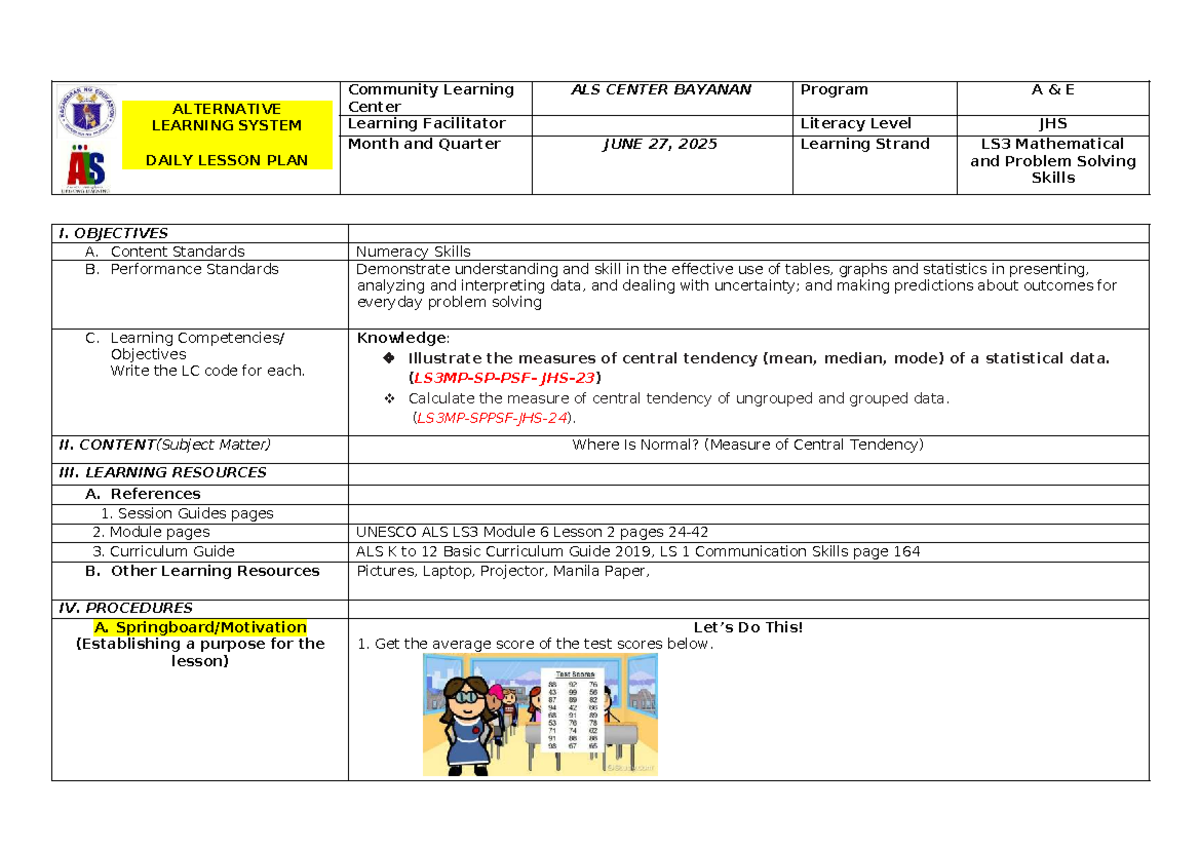 LS3 Math DLP: Measures of Central Tendency Lesson Plan - Studocu