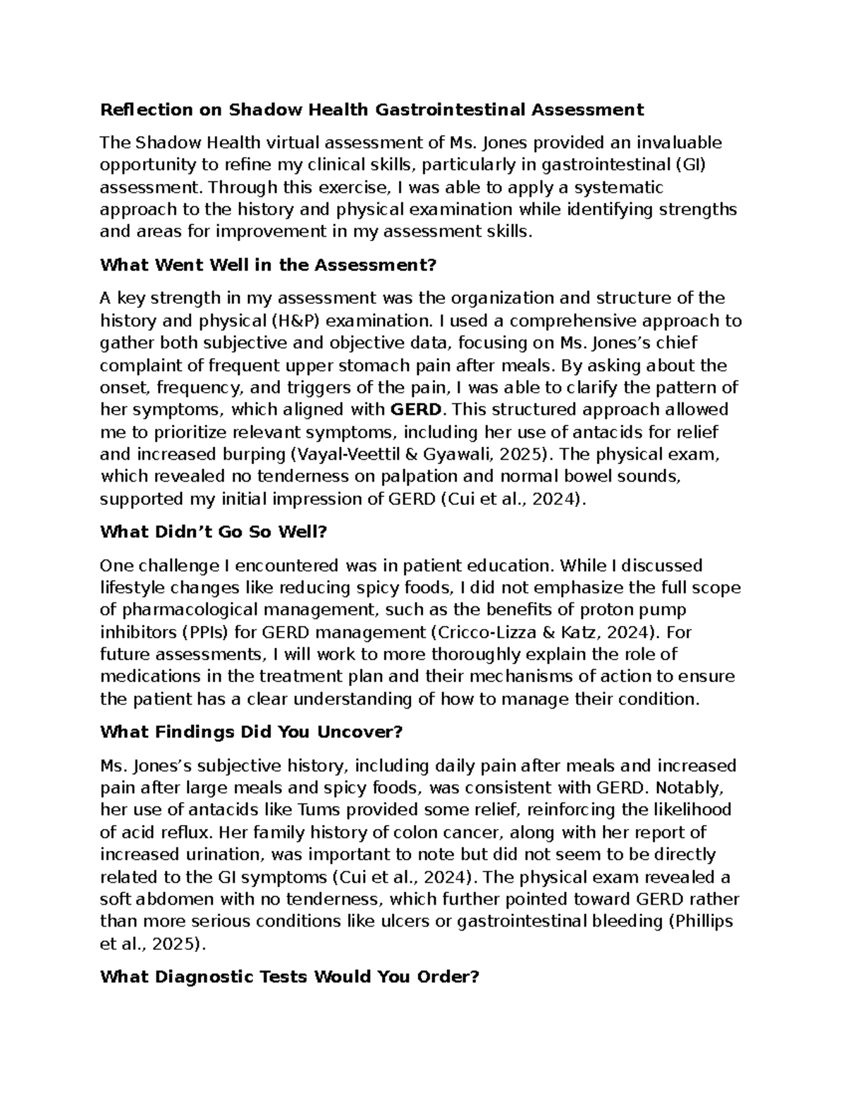 Reflection on Shadow Health GI Assessment - WEEK 4 Draft - Studocu